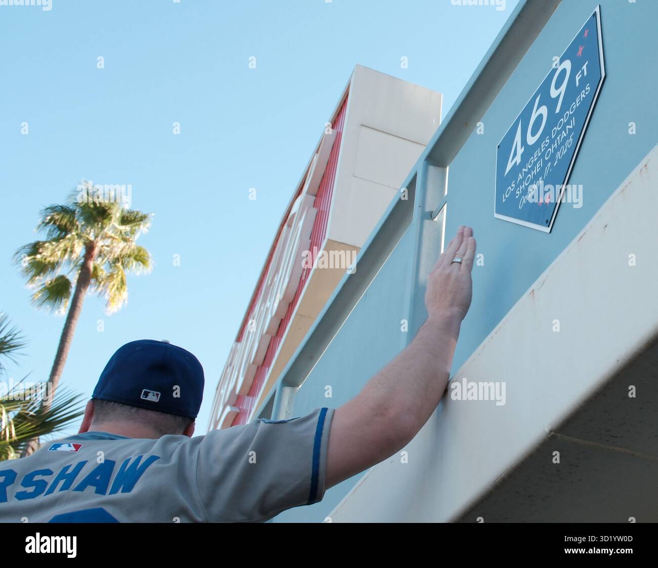 A photo shows a memorial plaque at Dodger Stadium in Los Angeles, CA ...