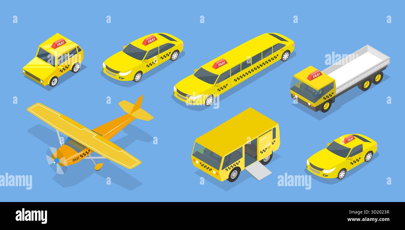 3D Isometric Flat Illustration of Taxi Collection, Different Vehicle ...