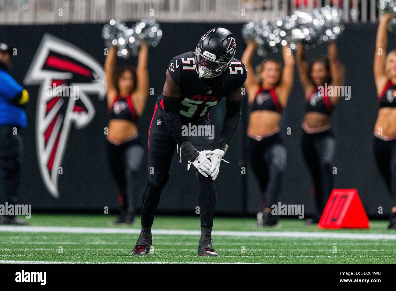 Atlanta Falcons linebacker DeAngelo Malone (51) lines up during the ...