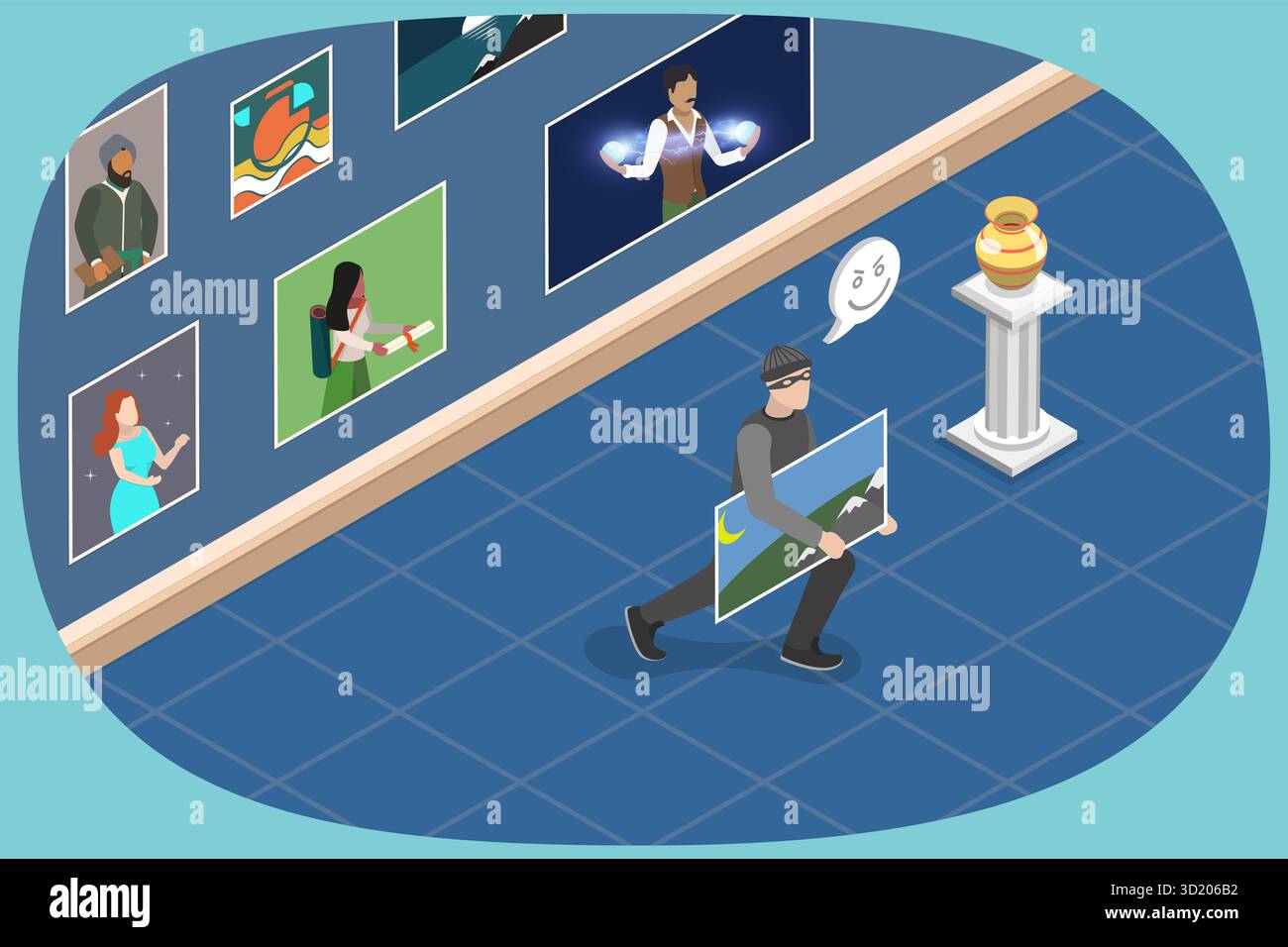 3D Isometric Flat Illustration of Stealing Painting, Art Gallery ...