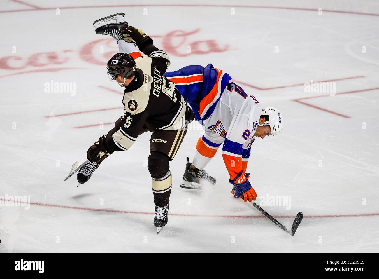 October 29, 2025: Hershey Bears defenseman Ryan Chesley (5) collides ...