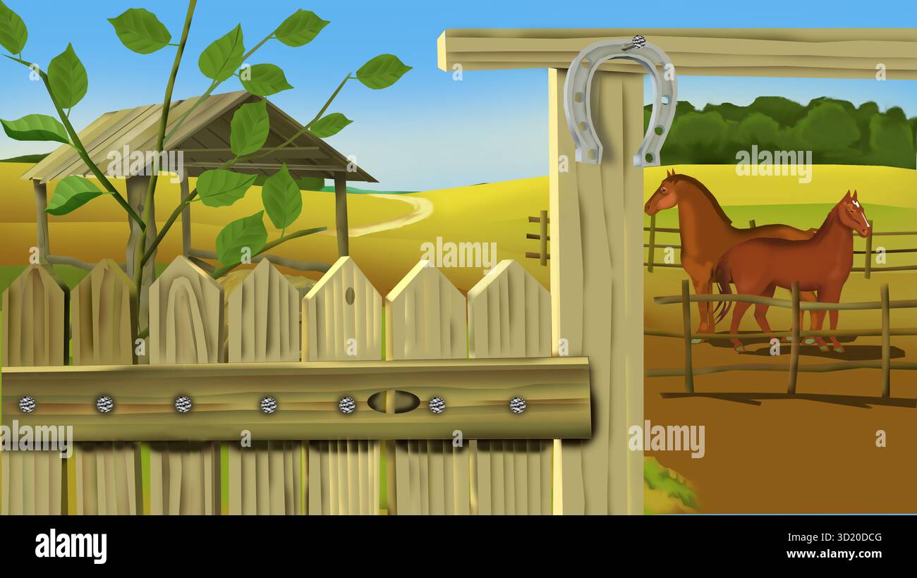Wooden Farm Gate with Horses in Paddock illustration Stock Photo - Alamy