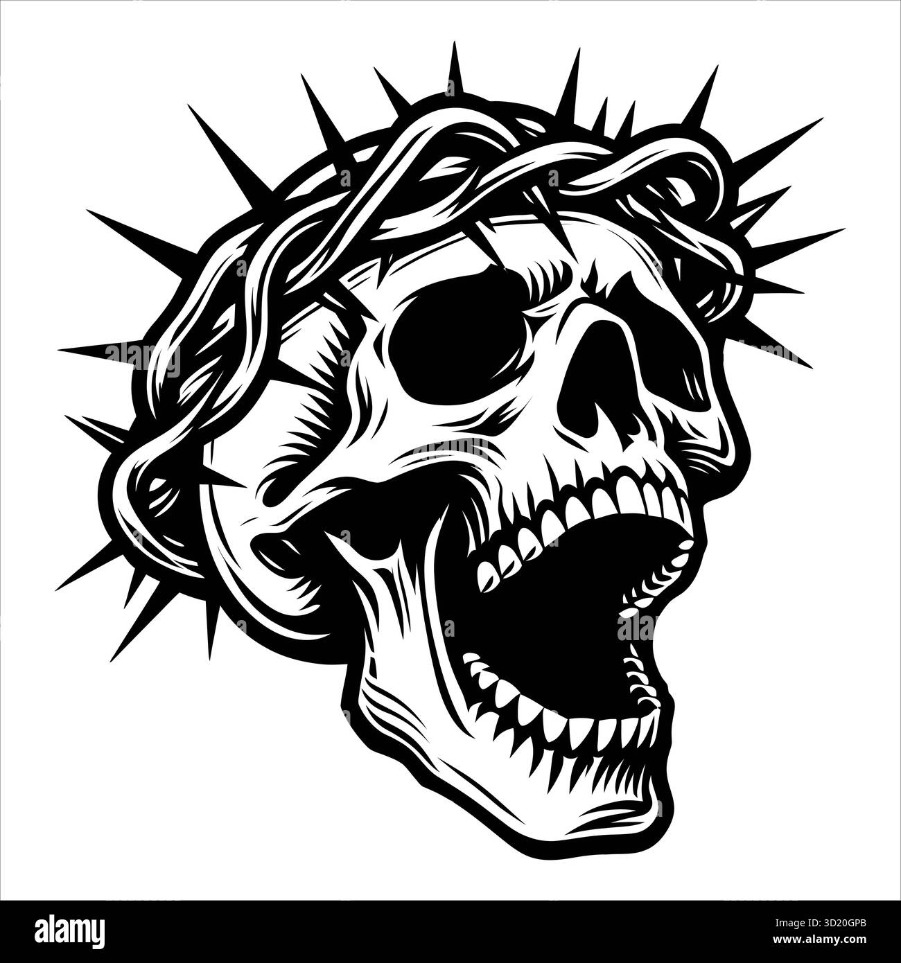 Screaming Skull Crowned with Thorns vector illustration featuring ...