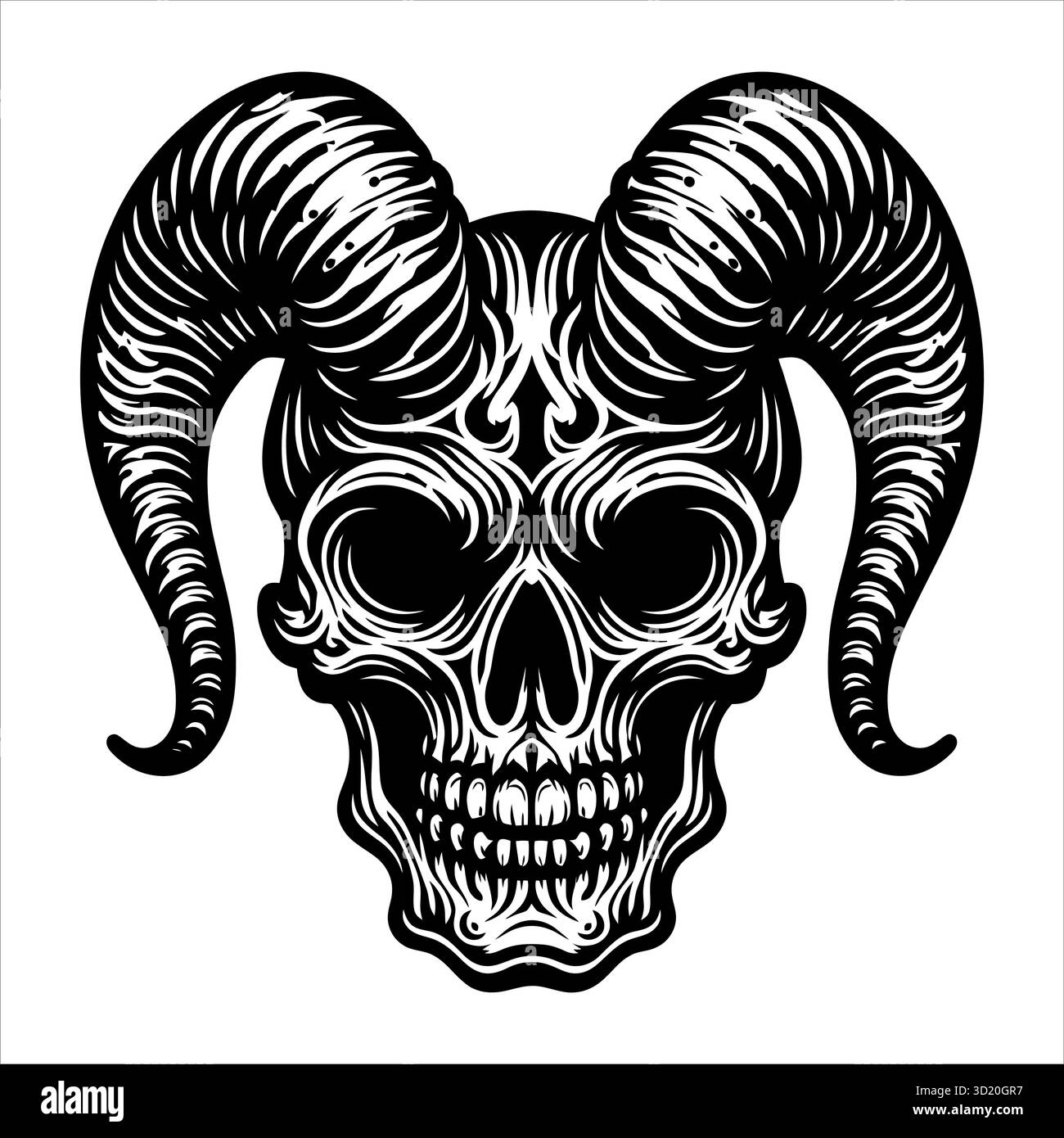 Black and White Vector Illustration of a Devil Skull featuring sharp ...