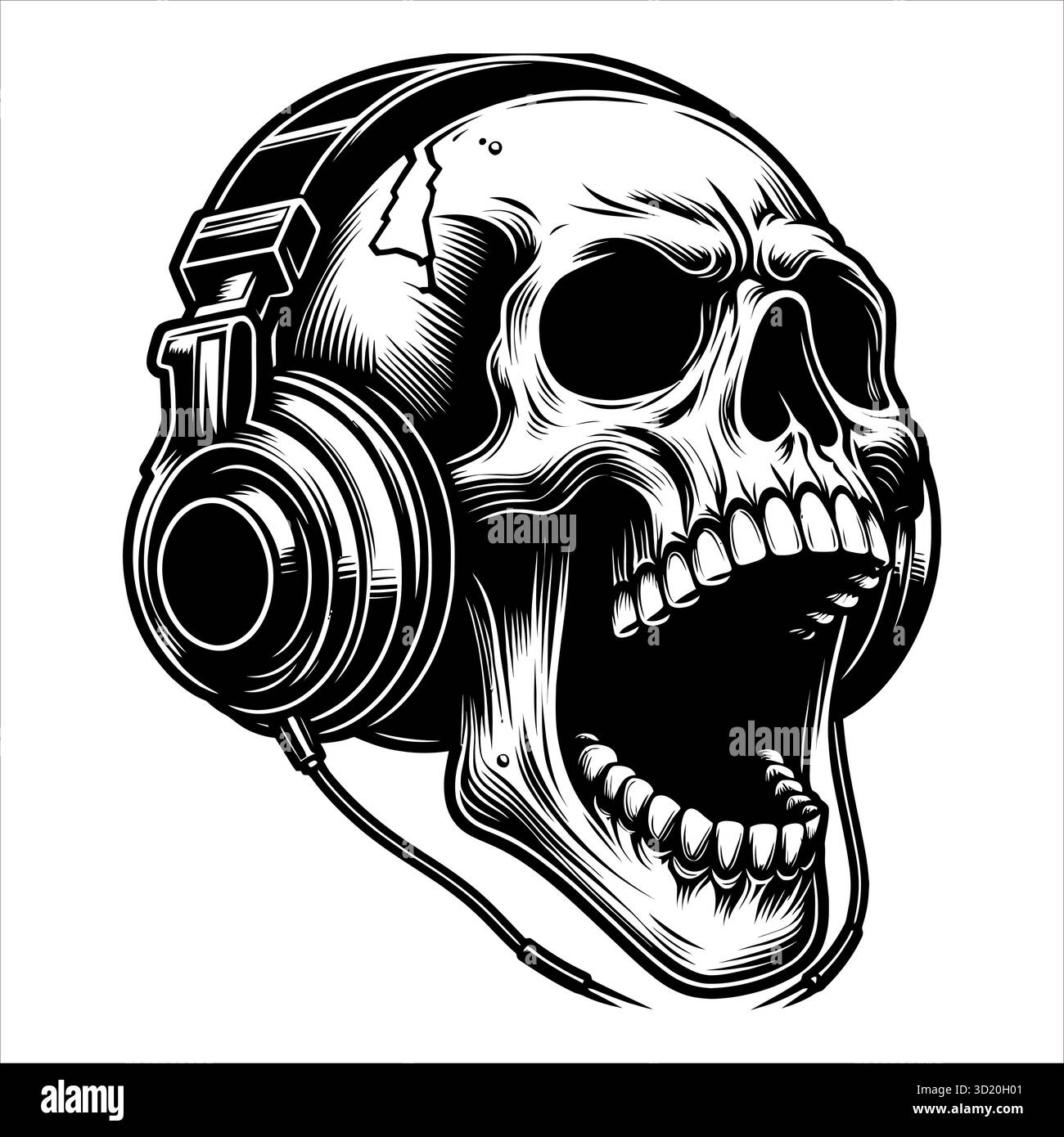 Skull with Headphones Vector Illustration in black and white, combining ...