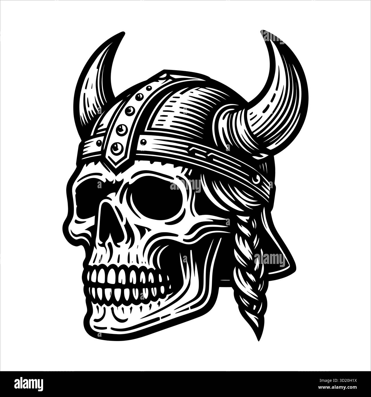 Skull with Viking Helmet black and white vector illustration featuring ...
