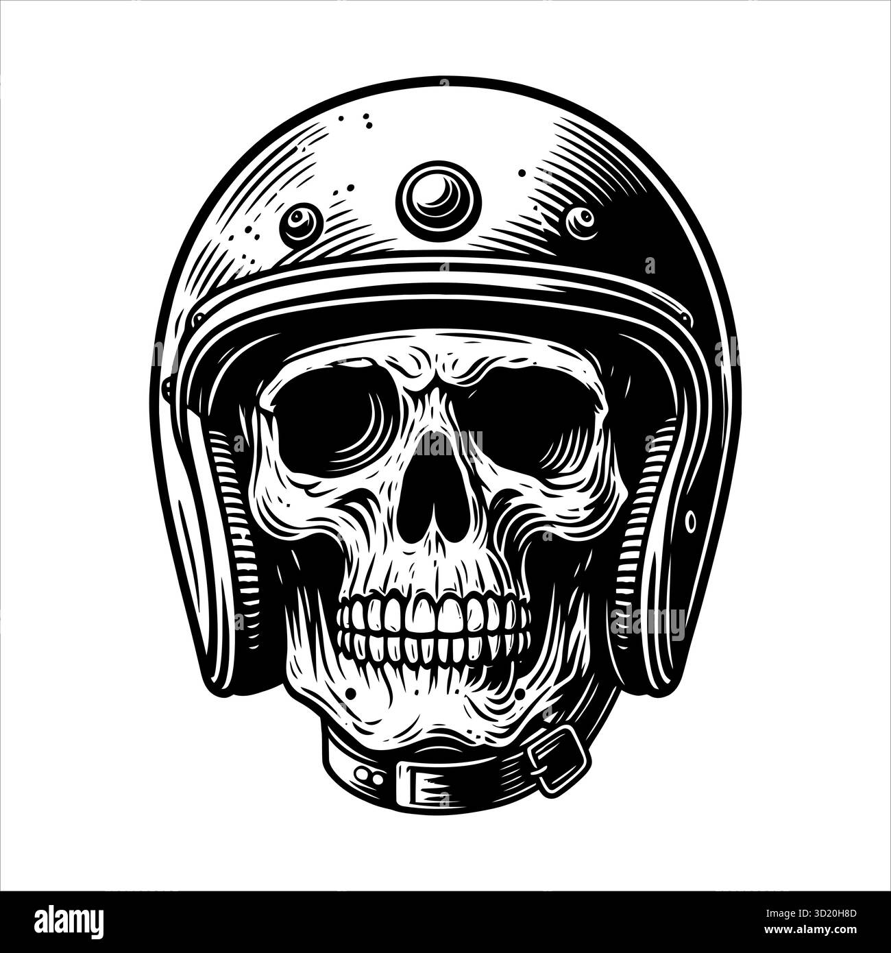 Skull with Old Motorcycle Helmet black and white vector illustration ...