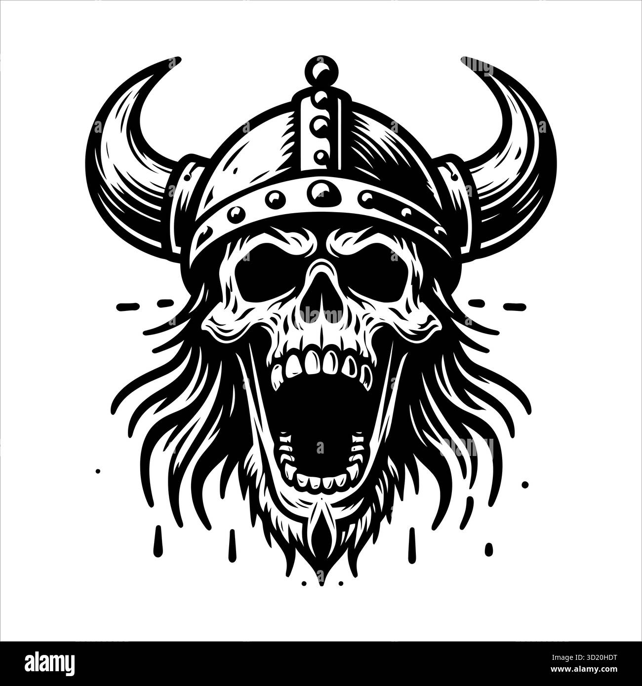 Skull with Viking Helmet black and white vector illustration featuring ...