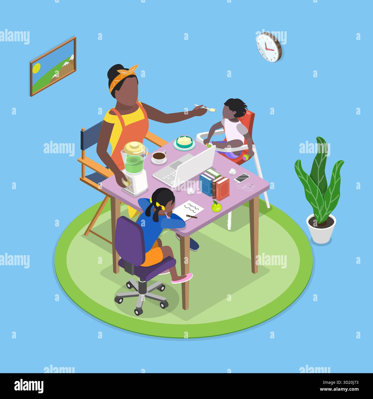 3D Isometric Flat Illustration of Working Mom, Hardworking Mother ...