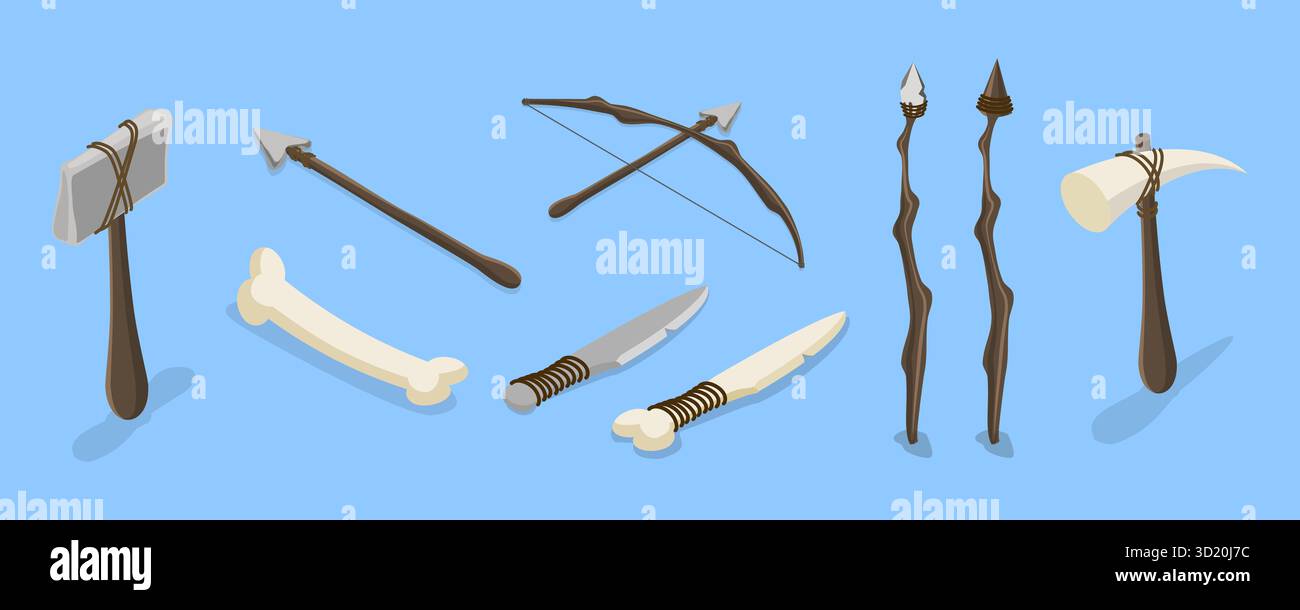 3D Isometric Flat Set of Primal Stone Age Tools, Prehistoric Weapons3D ...