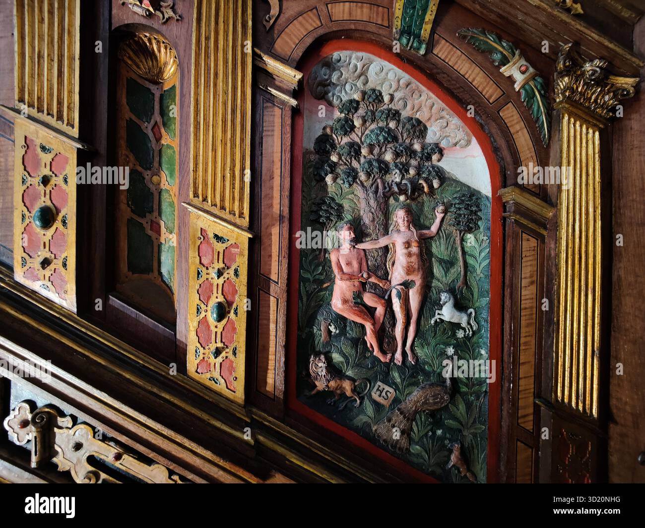 Wood carving of Adam and Eve on the Renaissance pulpit of the Market ...