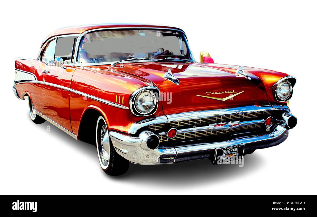 Shiny red Chevrolet Bel Air 1957 posing in a parking lot Stock Photo ...