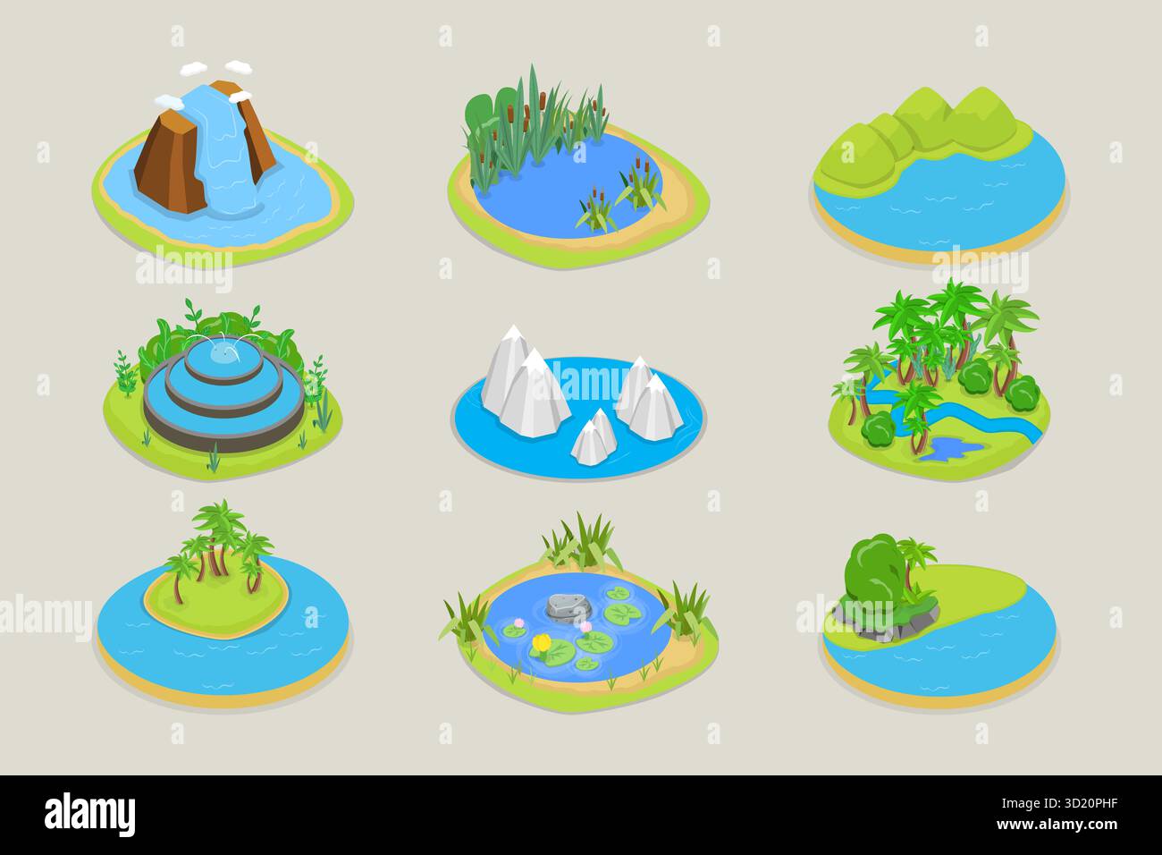 3D Isometric Flat Set of Natural Water Landscape , River, Waterfall ...
