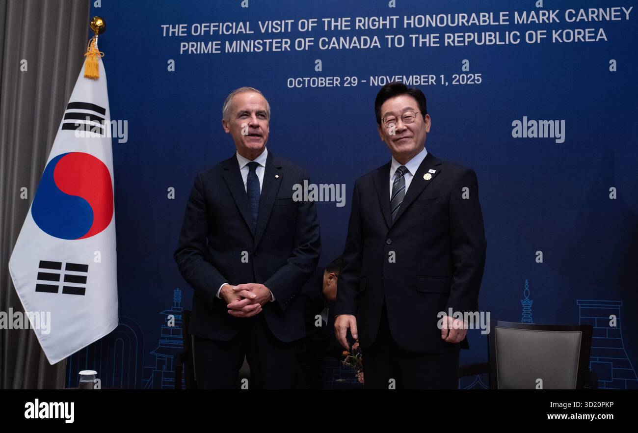 Prime Minister Mark Carney is seen with South Korean President Lee Jae ...