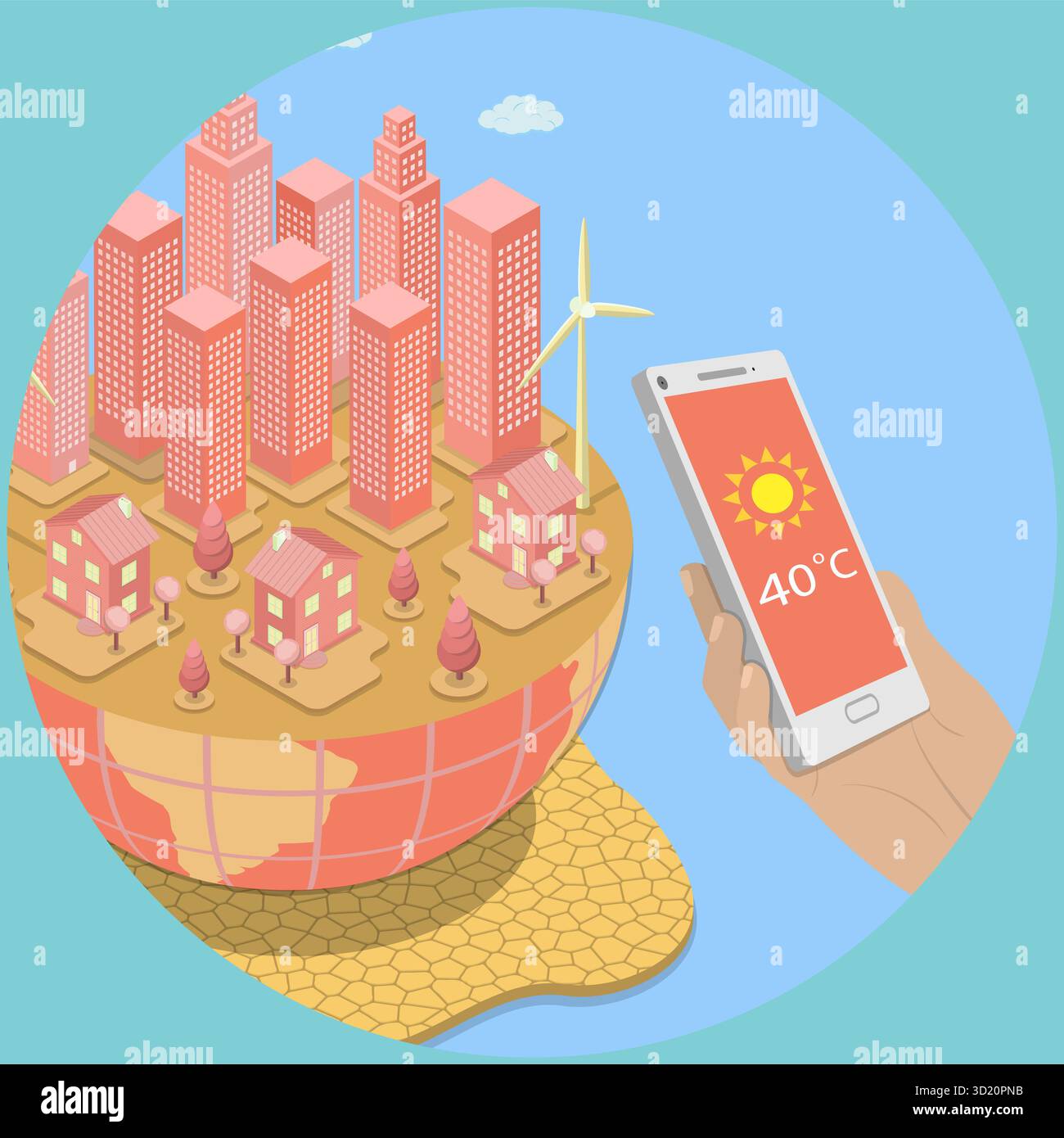 3D Isometric Flat Illustration of Hot Summer , Climate Change Causing ...