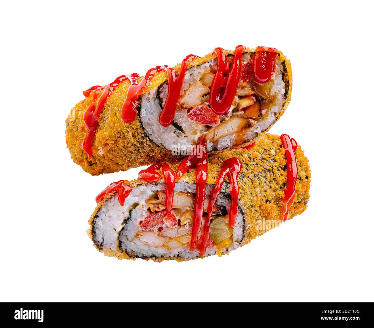 This sushi dish features a golden-brown crispy coating with colorful ...