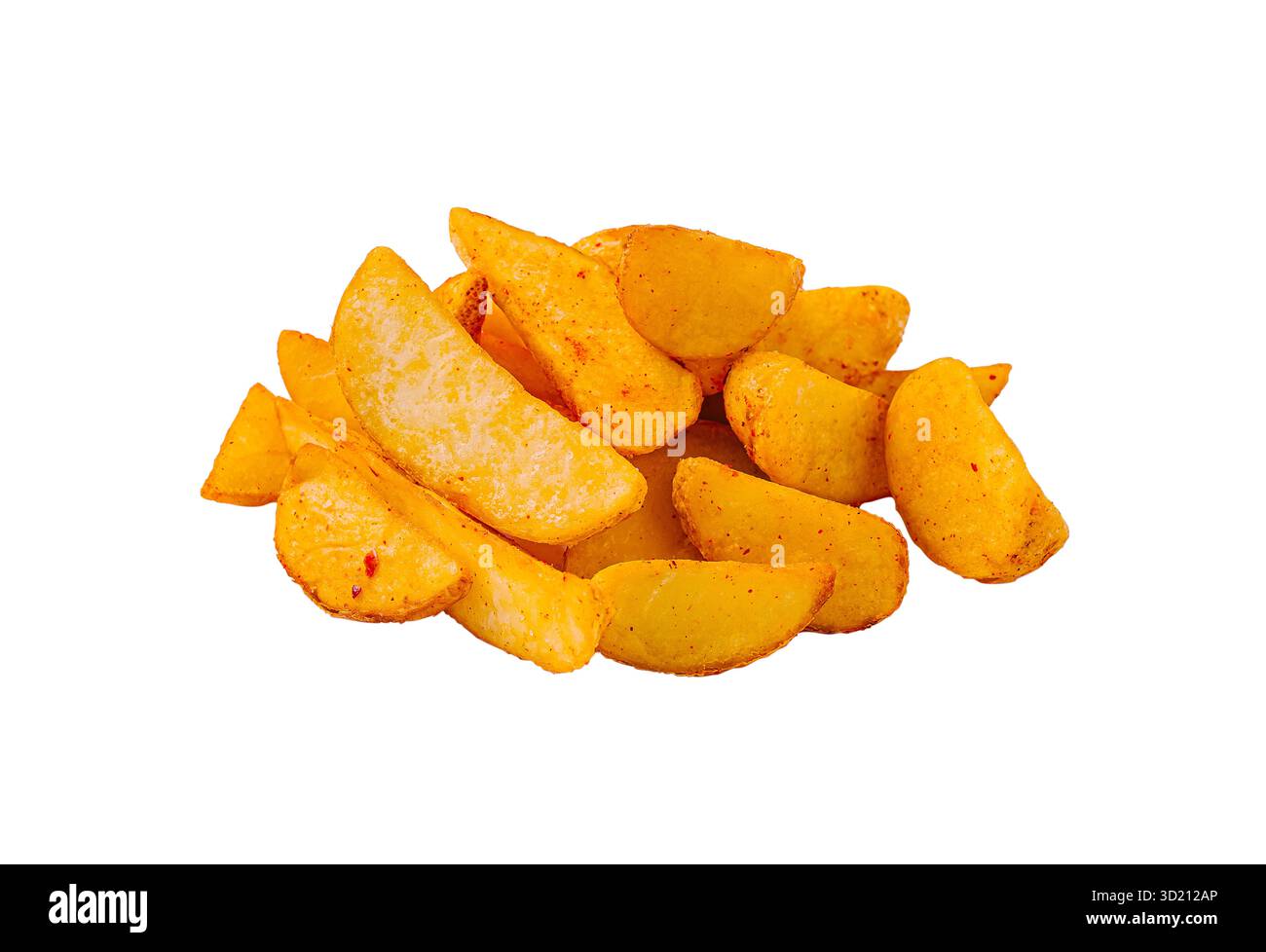 Golden, crispy potato wedges seasoned with spices are stacked neatly ...