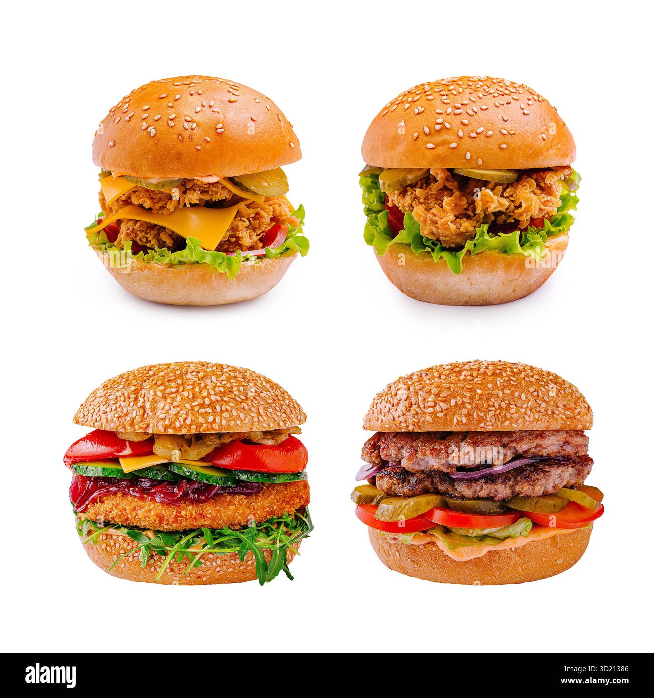 A variety of four burgers showcasing different toppings and styles ...