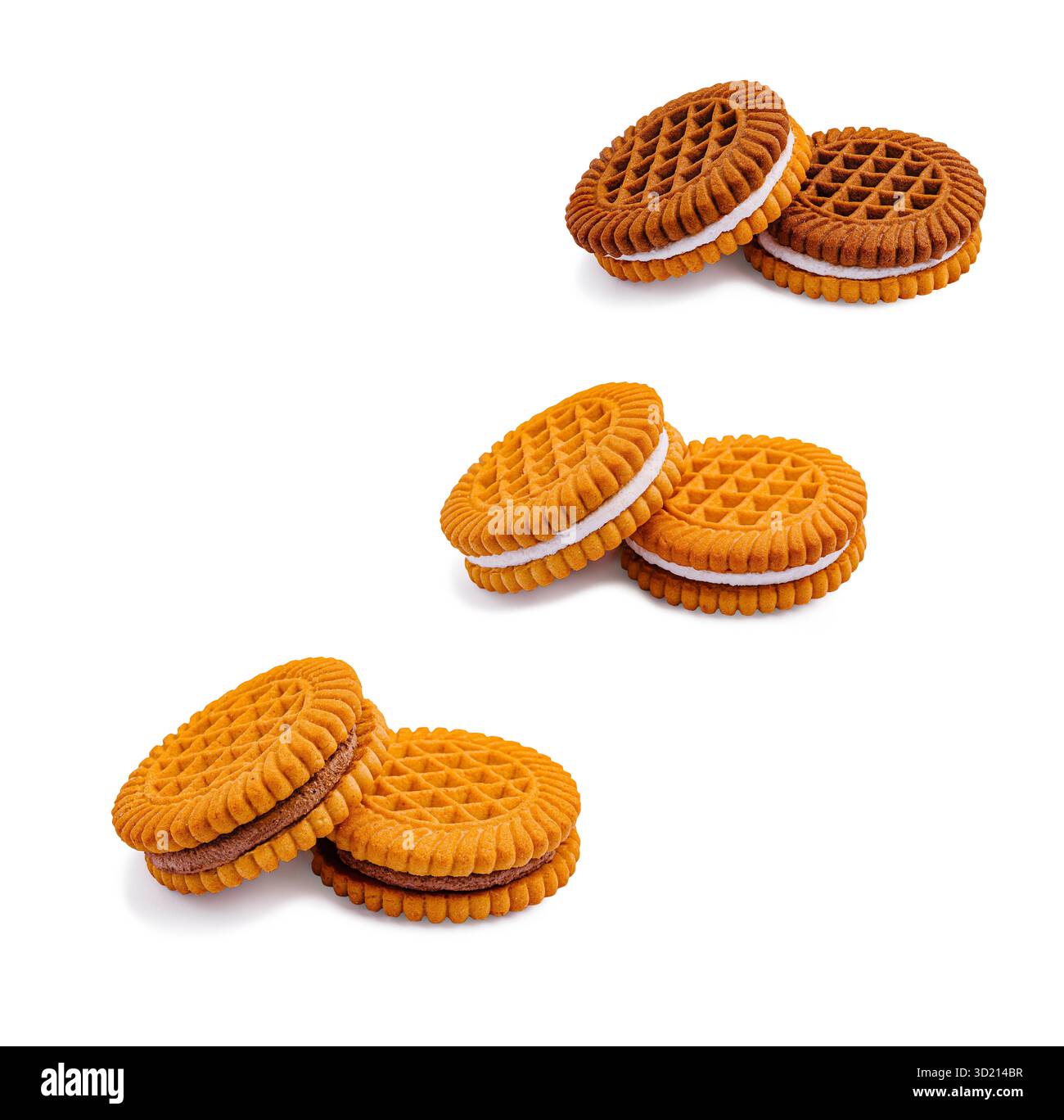 Three stacks of orange cream-filled cookies are arranged in a playful ...