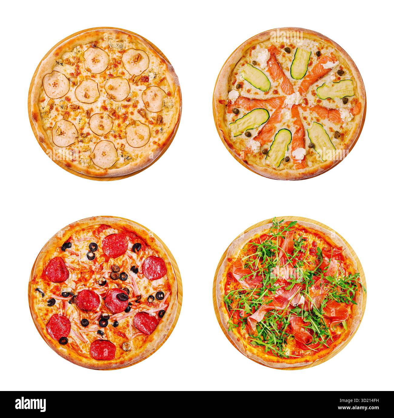 Four distinct pizza varieties displayed on a white background Stock ...