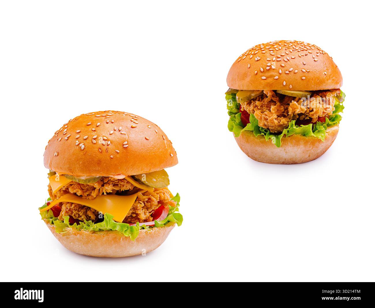 Two enticing chicken burgers sit side by side, each featuring crispy ...