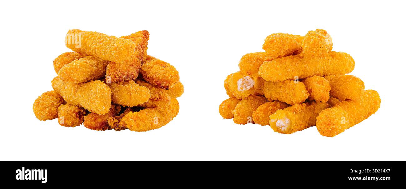 Several piles of crispy fried snacks are presented against a plain ...