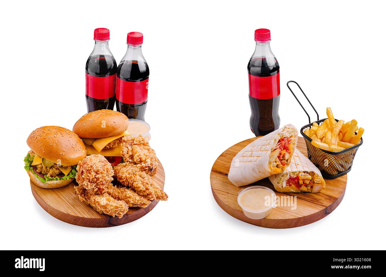 Two wooden platters feature a variety of fast food items including ...