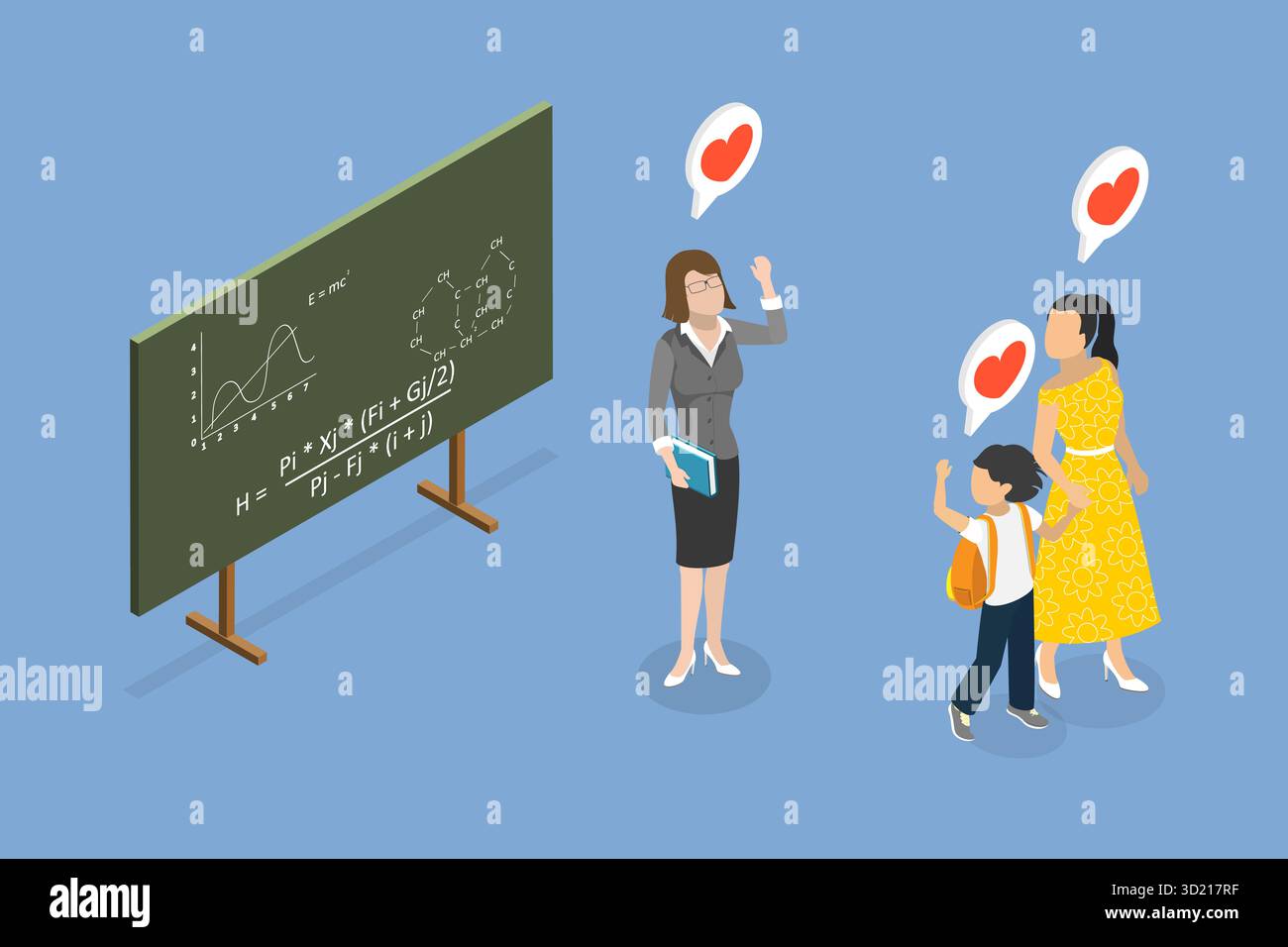 3D Isometric Flat Illustration of Junior School Class, Picking up a Kid ...