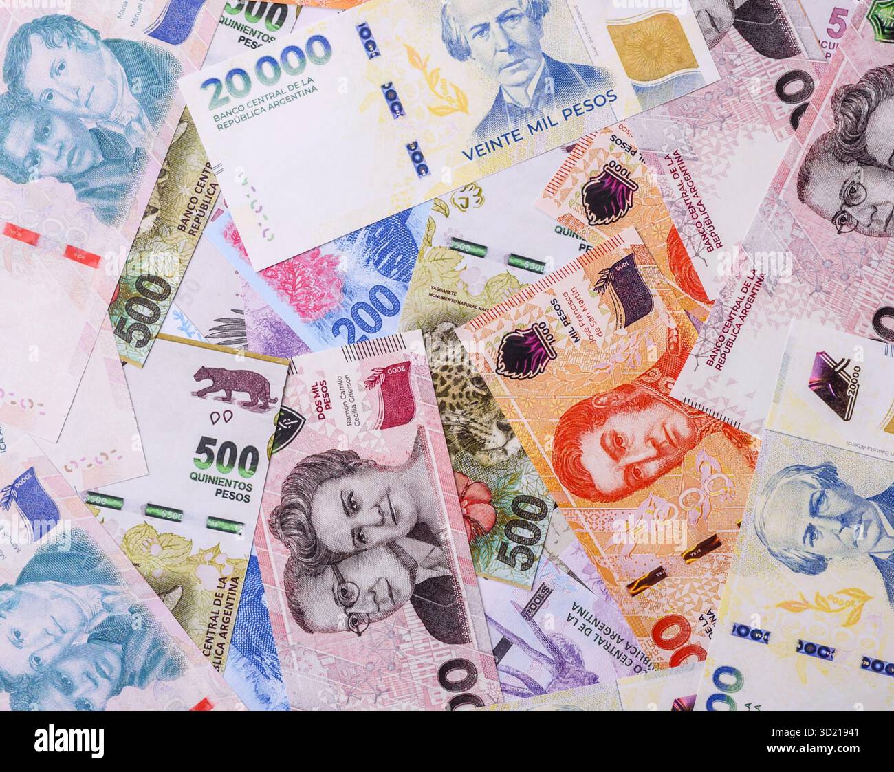 Background of Argentine peso paper money, notes with different ...