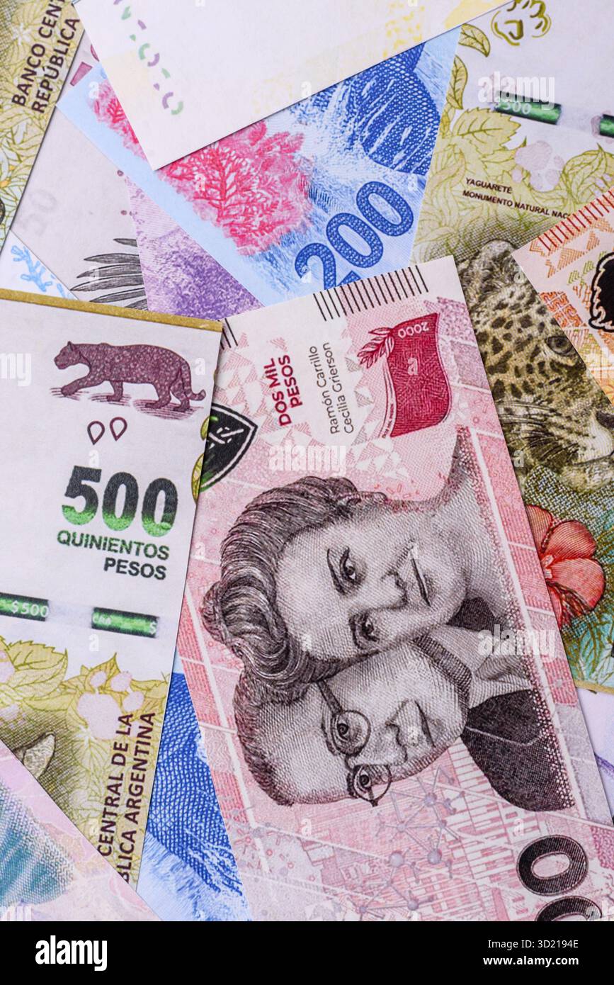 Background of Argentine peso paper money, notes with different ...