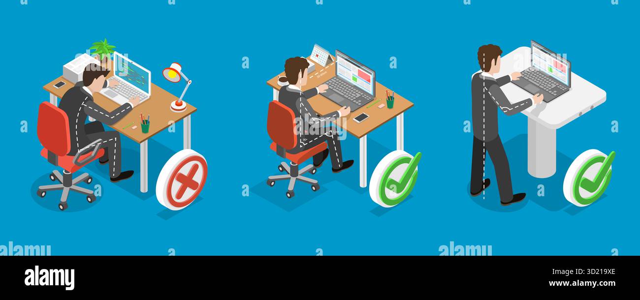 3D Isometric Flat Illustration of How To Sit At Desk, Advice For Office ...