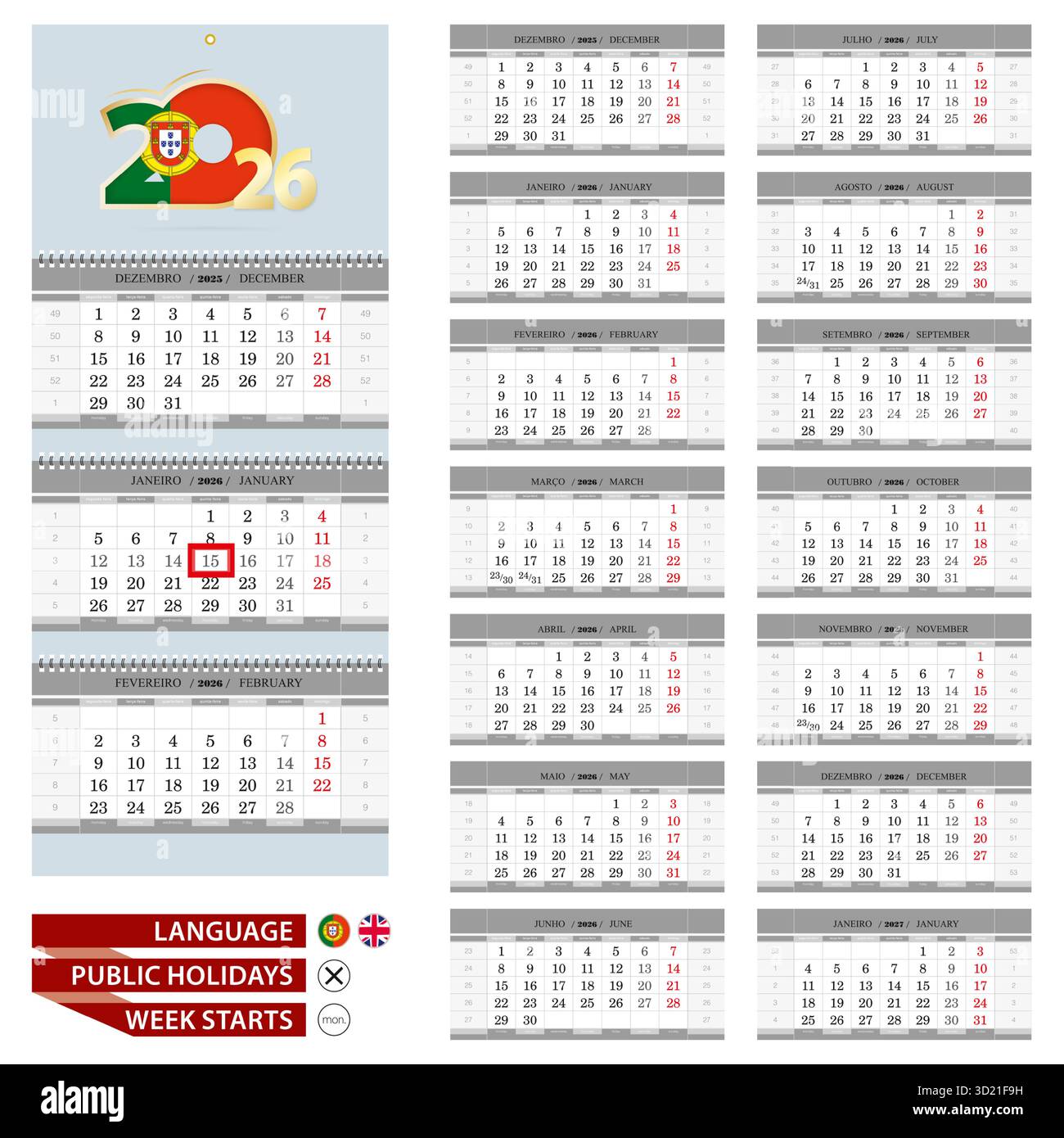 Portuguese Wall calendar planner vector template for 2026 year ...