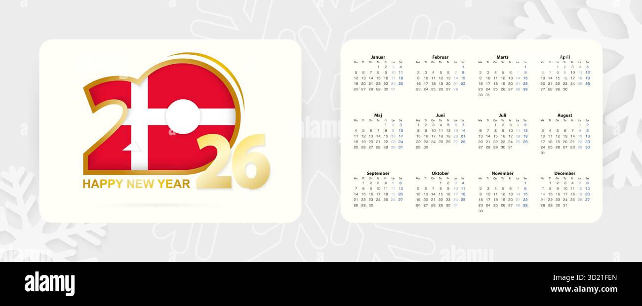 Horizontal Pocket Calendar 2026 in Danish language. New Year 2026 icon ...