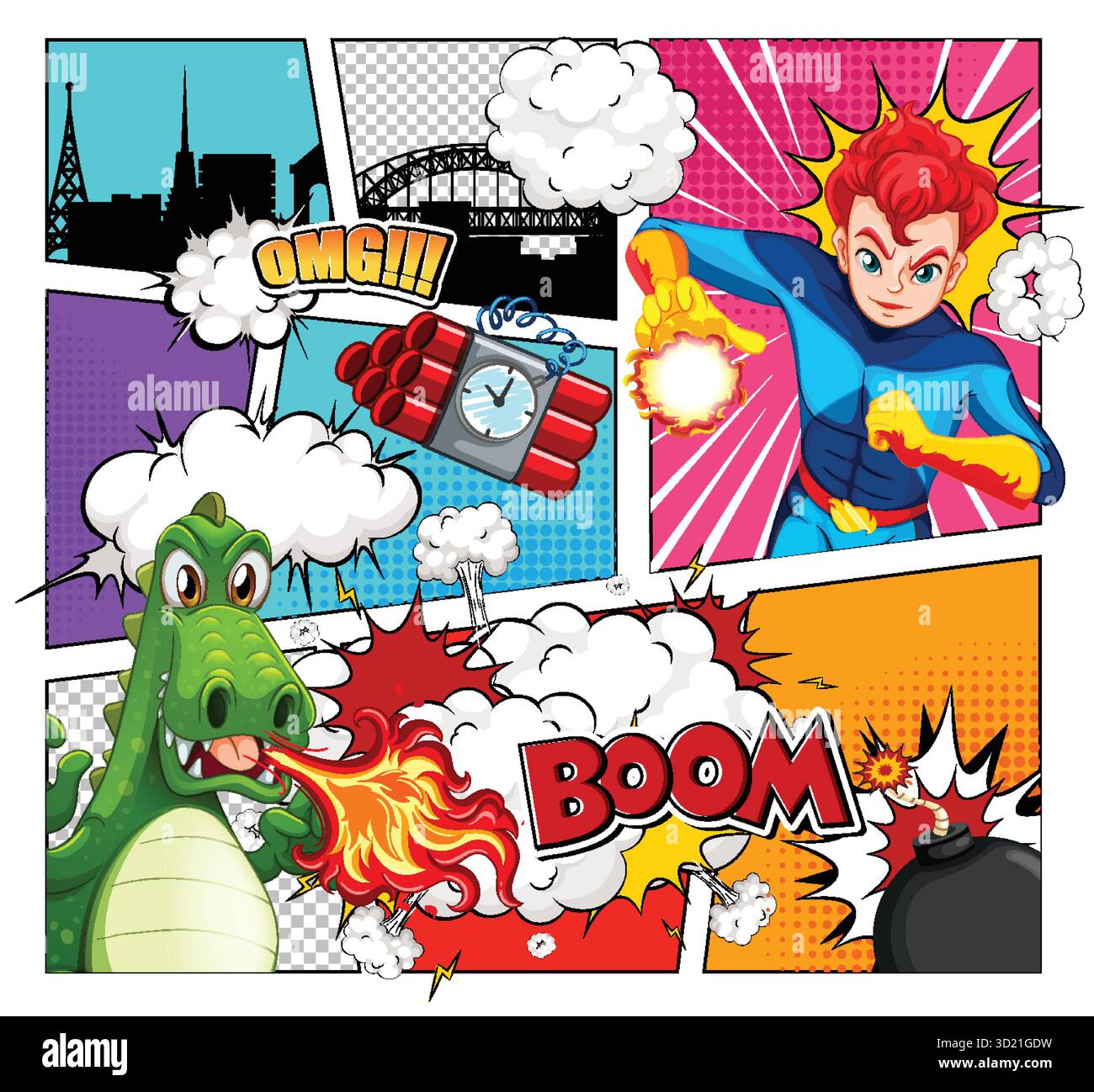 Pop art vector of superhero battling fire-breathing dragon in city with ...