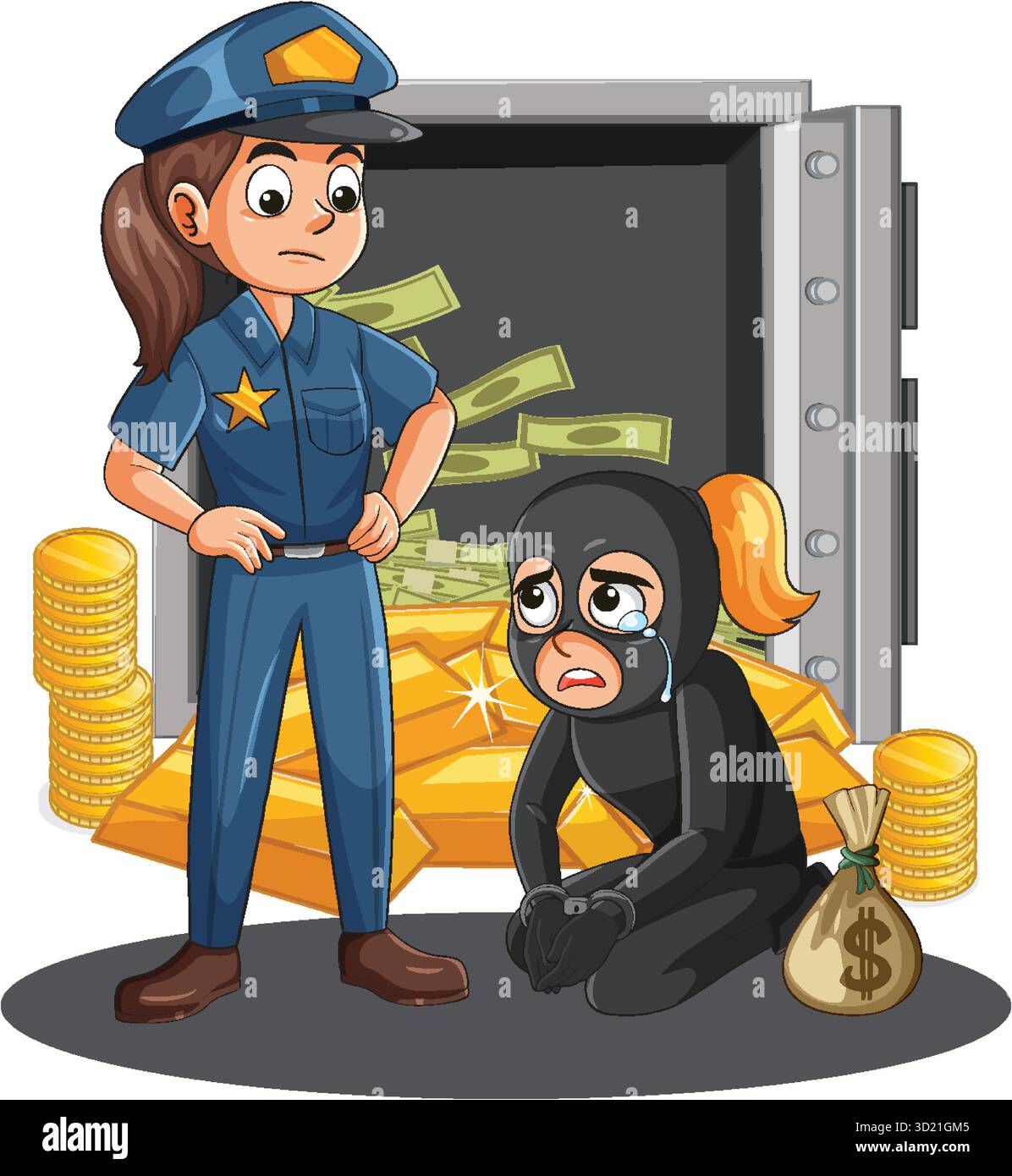 Cartoon police officer confronts crying burglar beside open vault ...