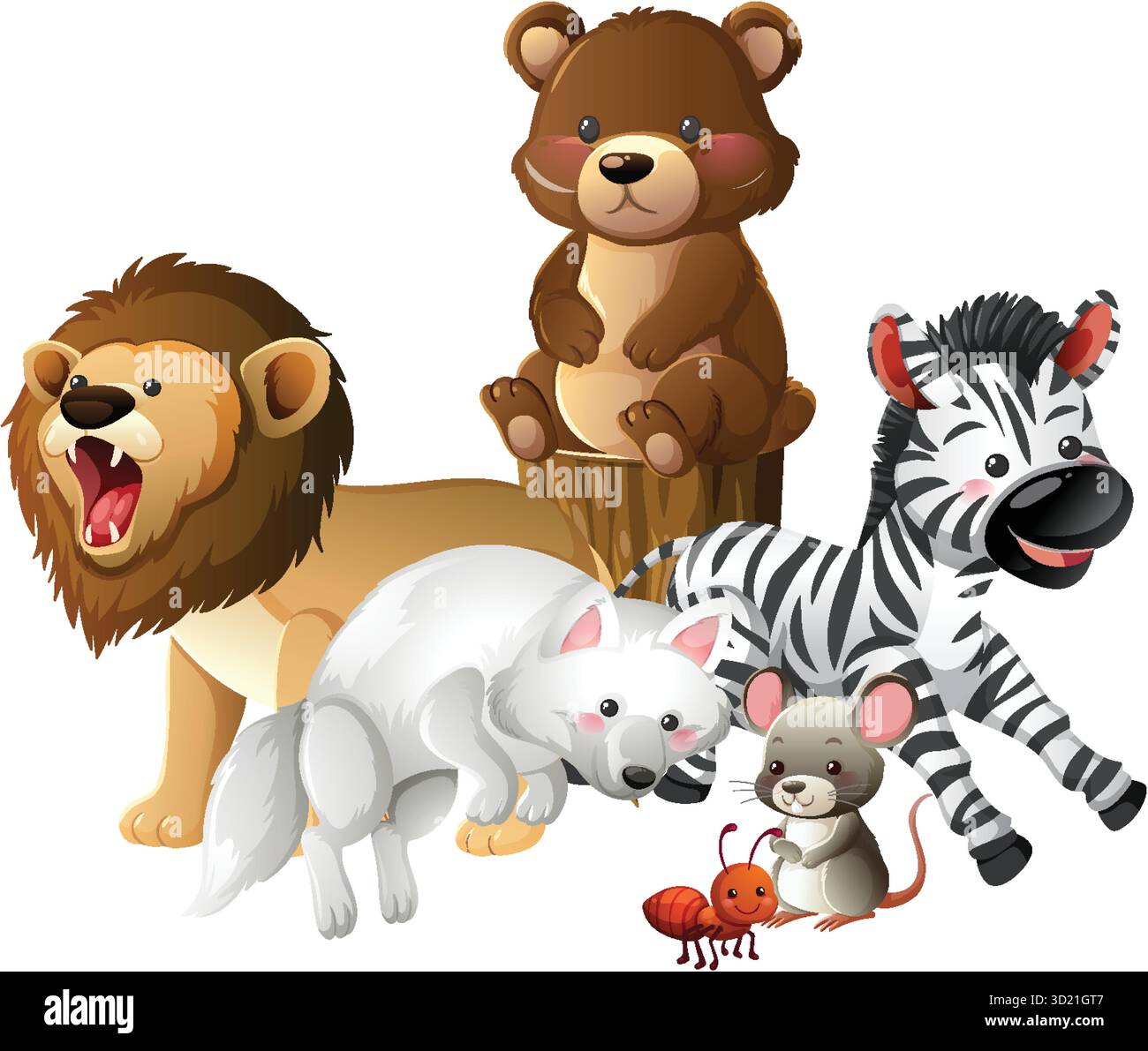 Colorful vector illustration of lion, bear, zebra, arctic fox, mouse ...