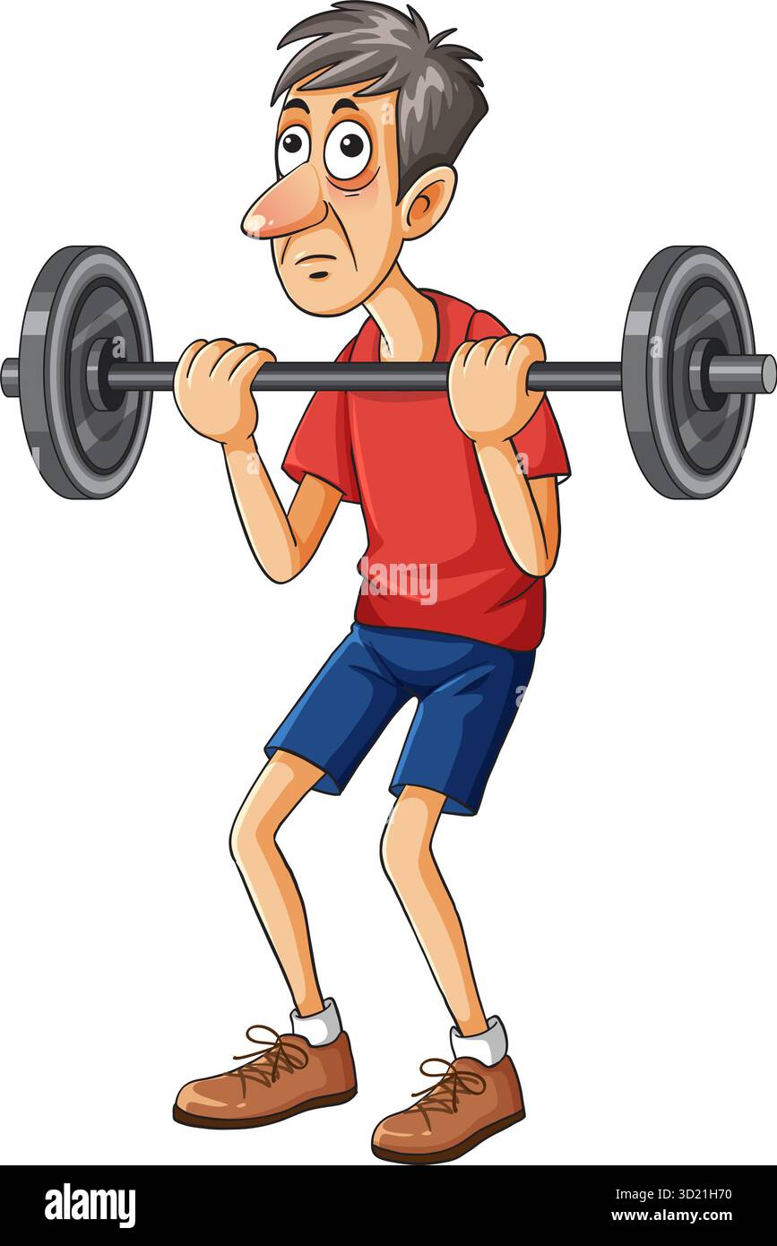 Cartoon skinny man in gym clothes lifting heavy barbell, exaggerated ...