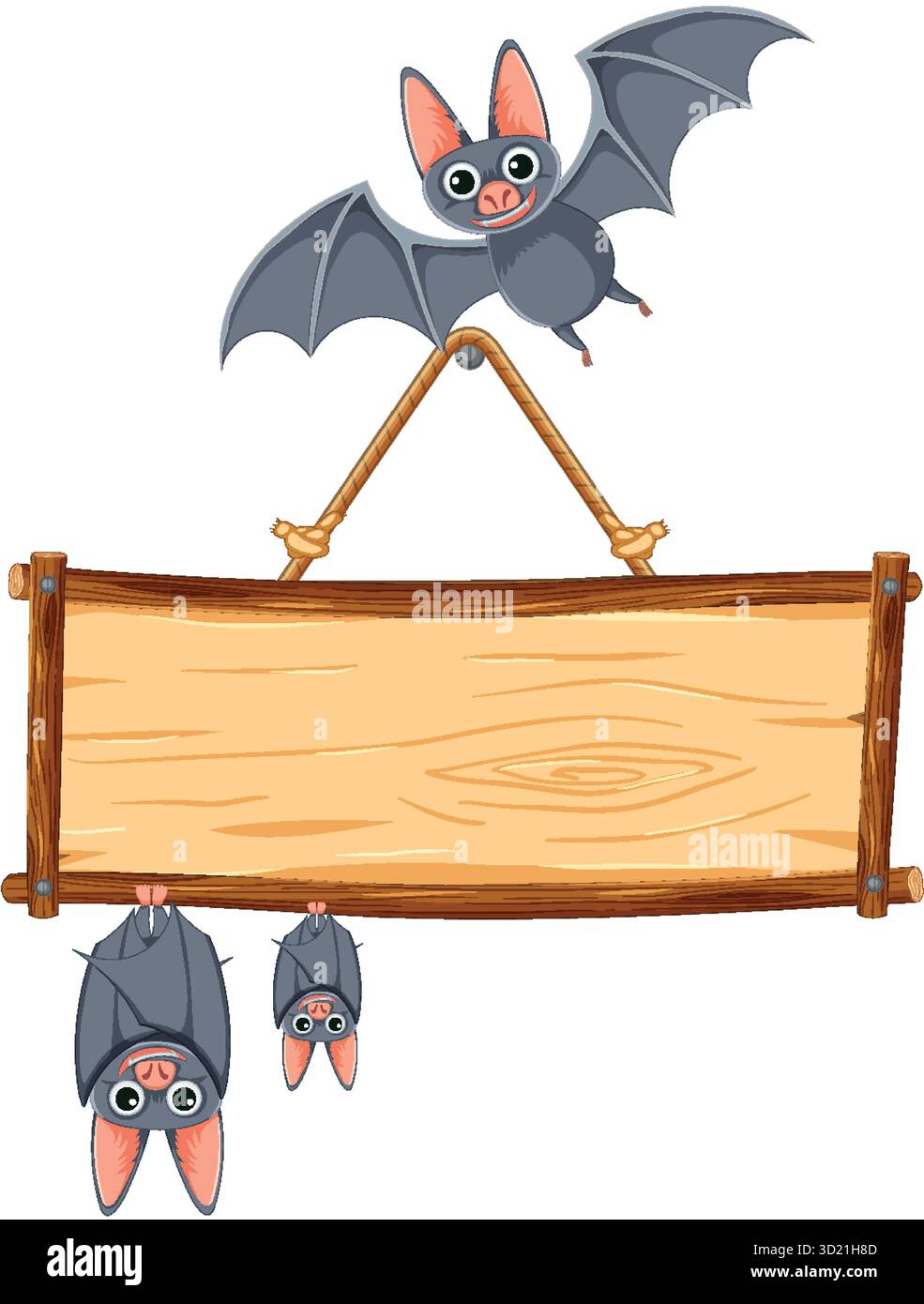 Three cartoon bats interact playfully with a blank wooden sign in a ...