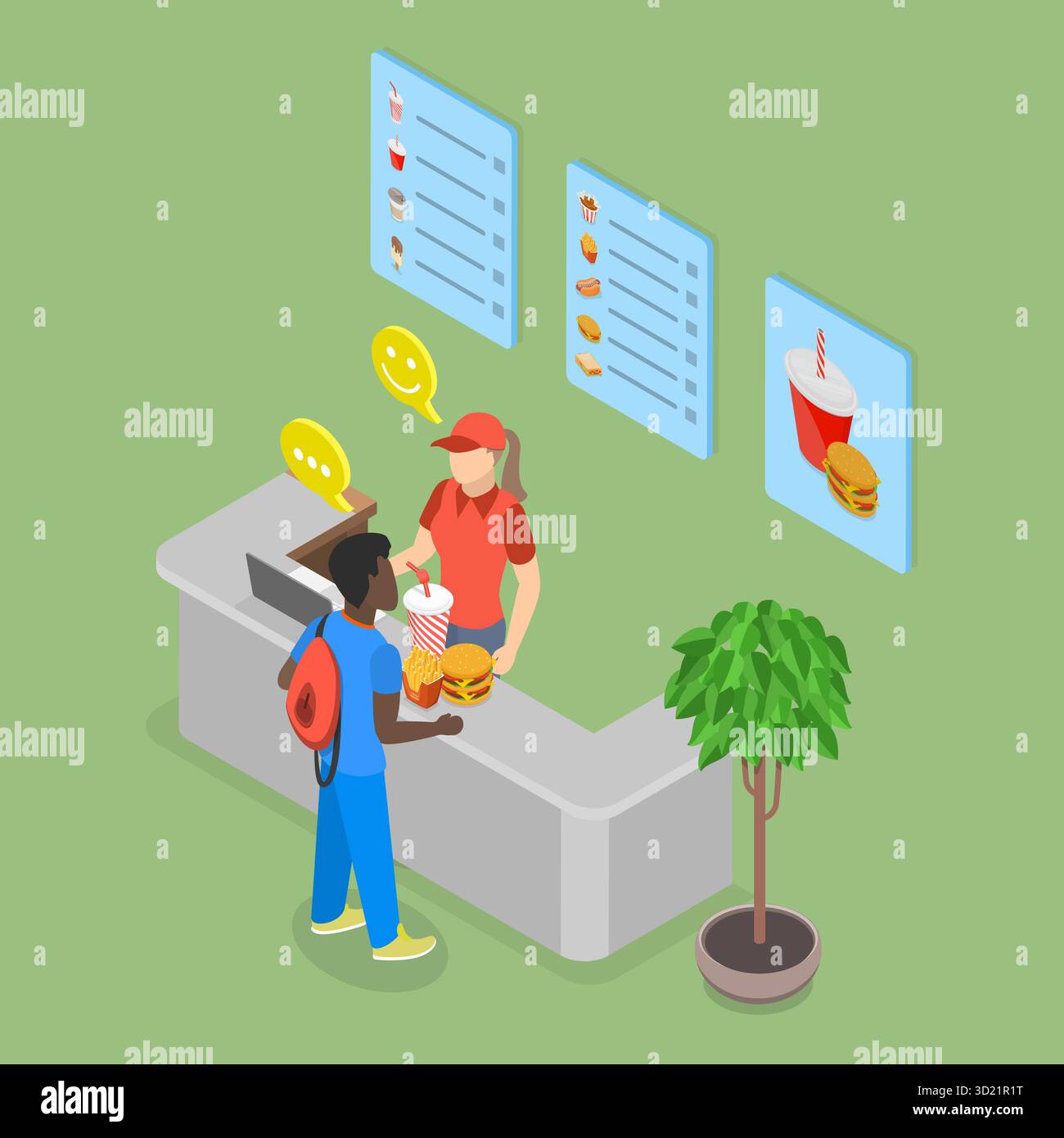 3D Isometric Flat Illustration of Fast Food Cafe, Restaurant Worker ...