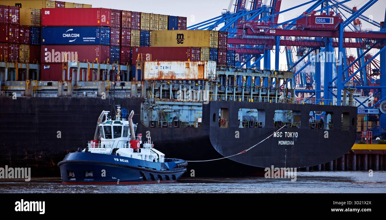 Kleiner Schlepper VB Bear mit grossem Containerschiff MSC Tokyo am ...