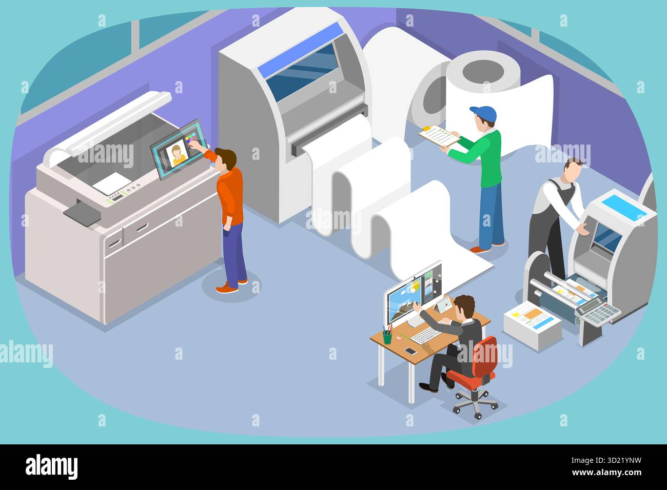 3D Isometric Flat Illustration of Printing House, Employees In A ...