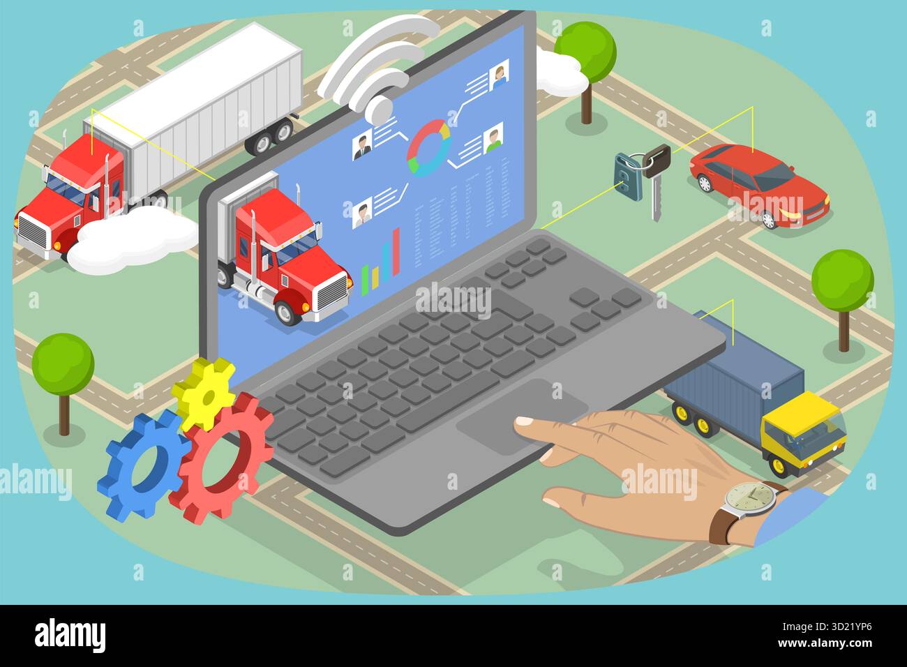 3D Isometric Flat Illustration of Fleet Management Software, Enhanced ...