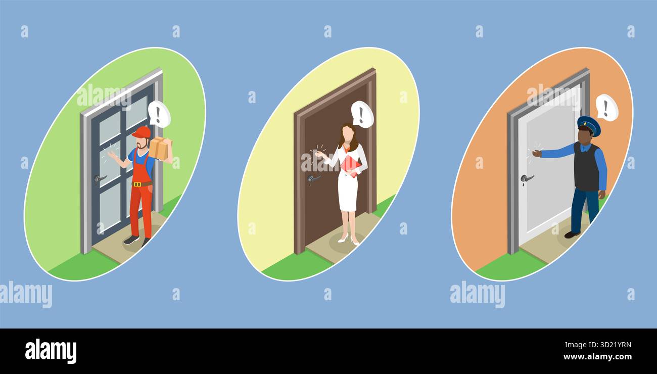 3D Isometric Flat Illustration of Characters Knocking On Door, Entrance ...