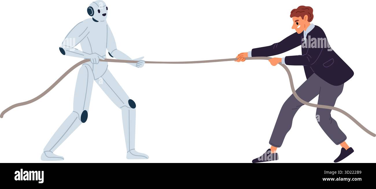 Robot engages in tug of war with human. Man and artificial intelligence ...