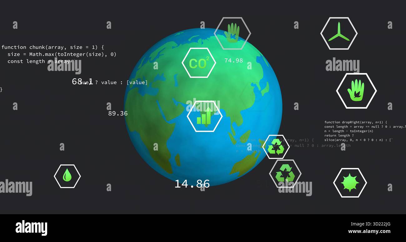 Displaying 3D globe rotating on virtual UI, featuring hex icons ...