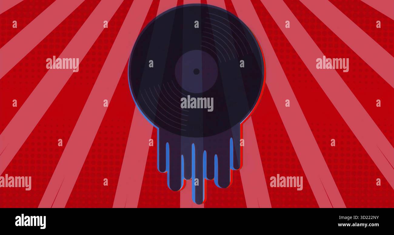 Displaying stylized black vinyl record dripping dark blue paint on red ...