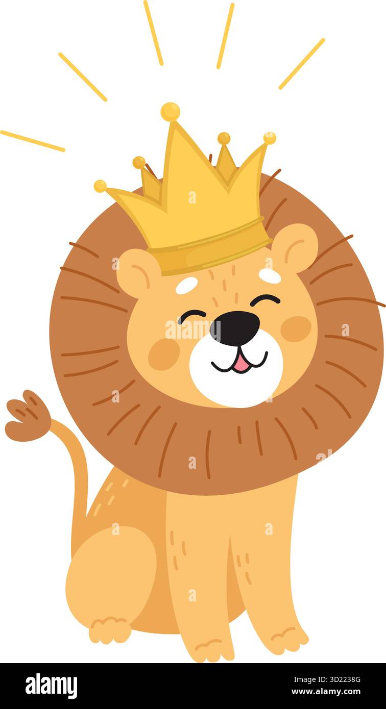 Cute smiling lion with golden crown on his head. Cartoon lioness cub ...