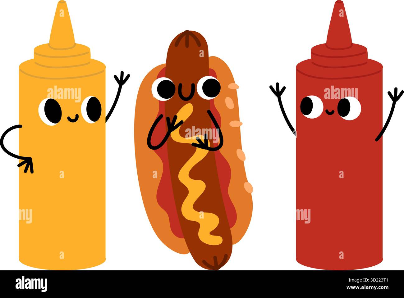 Cute cartoon hot dogs, ketchup and mustard. Stylized as fun food ...