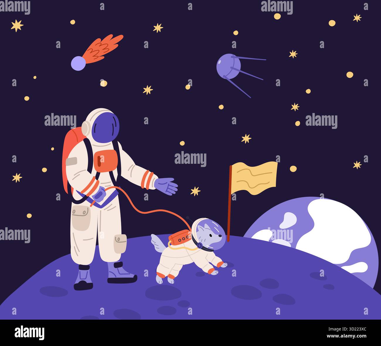 Space astronauts walk with dog in spacesuit on surface of cosmic planet ...