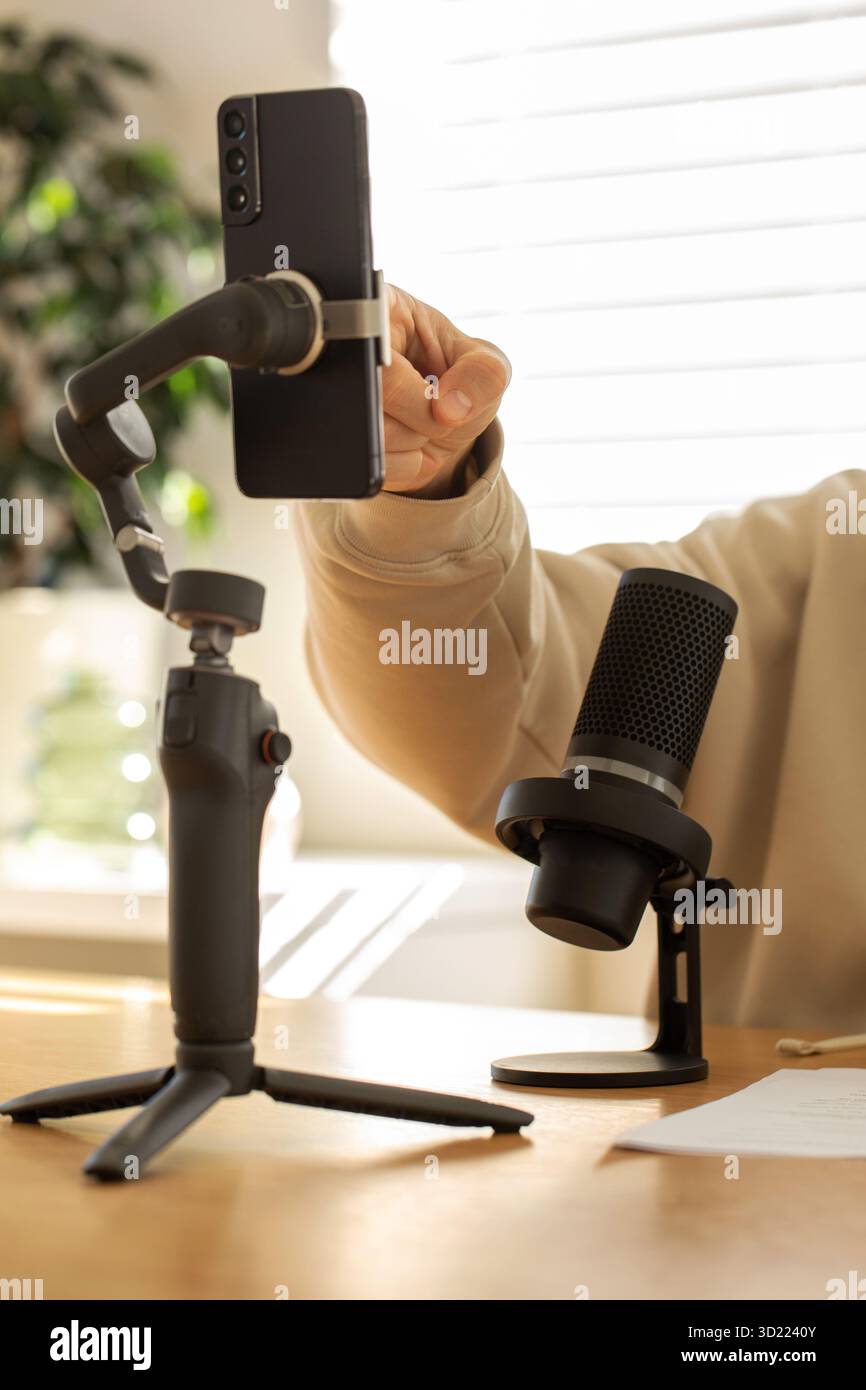 Content creators recording podcast interview hi-res stock photography ...